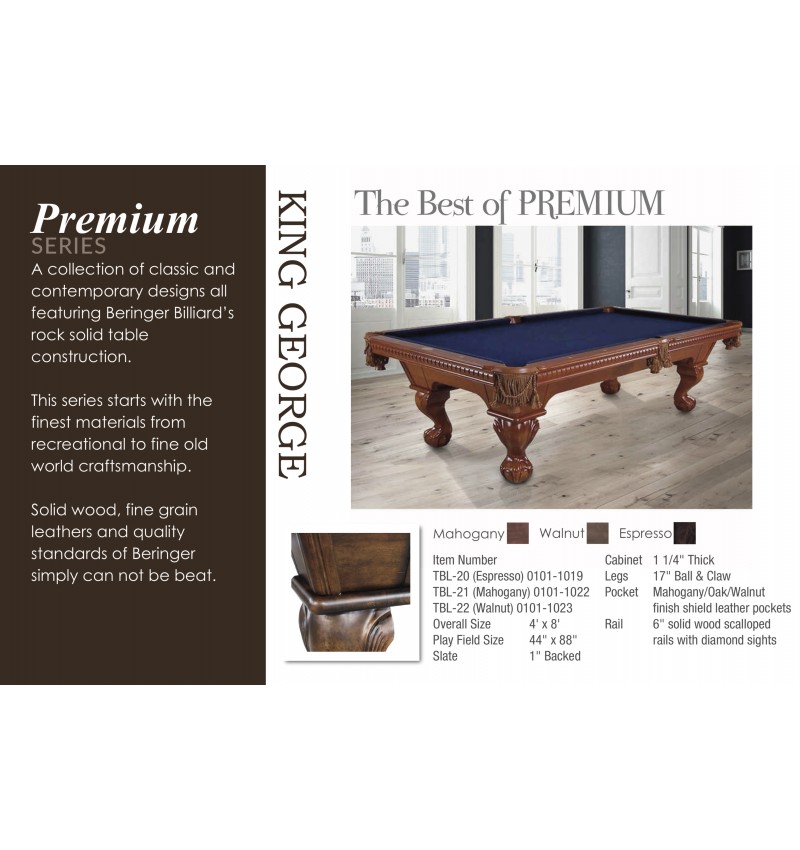 Beringer KING GEORGE 8' Pool Table with starting Kit